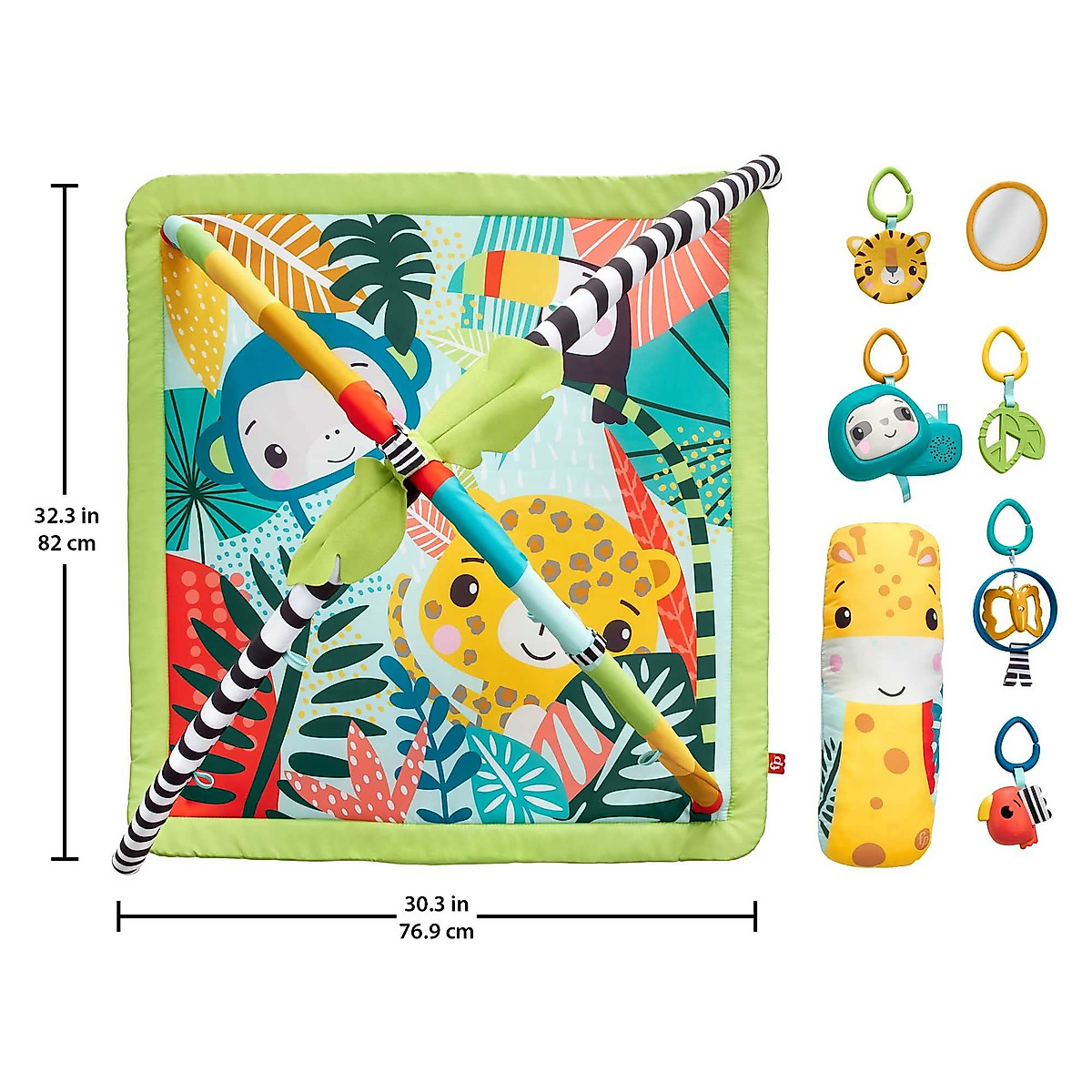 Fisher-Price Baby Playmat 3-in-1 Rainforest Sensory Gym with Music & Lights, Tummy Wedge & 5 Developmental Toys for Newborns 0+ Months