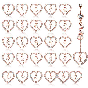 Drperfect 14G Belly Button Ring Dangle with Initials J for Women Rose Gold Plated Navel Ring 316L Stainless Steel Heart Pendant Belly Piercing Jewelry