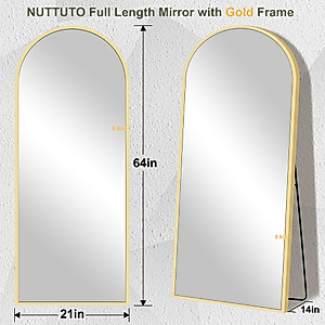 NUTTUTO 64"×21" Arched Full Length Mirror, Floor Mirrors with Aluminum Alloy Frame, Wall-Mounted Full Length Body Mirror Free-Standing or Leaning Against Wall for Bedroom Living Room, Gold