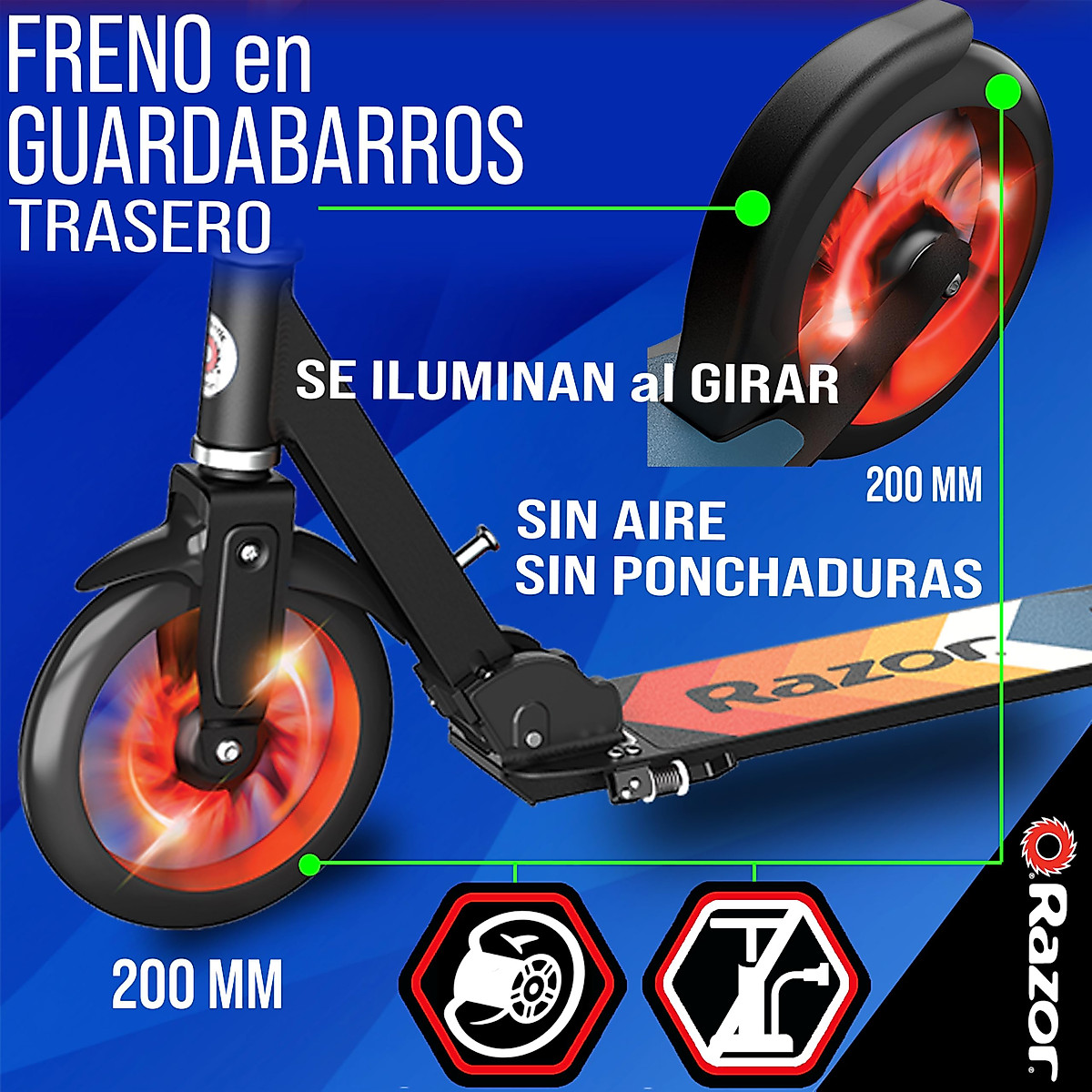 Razor A5 Lux Kick Scooter for Kids Ages 8+ - 8" Urethane Wheels, Anodized Finish Featuring Bold Colors and Graphics, For Riders up to 220 lbs