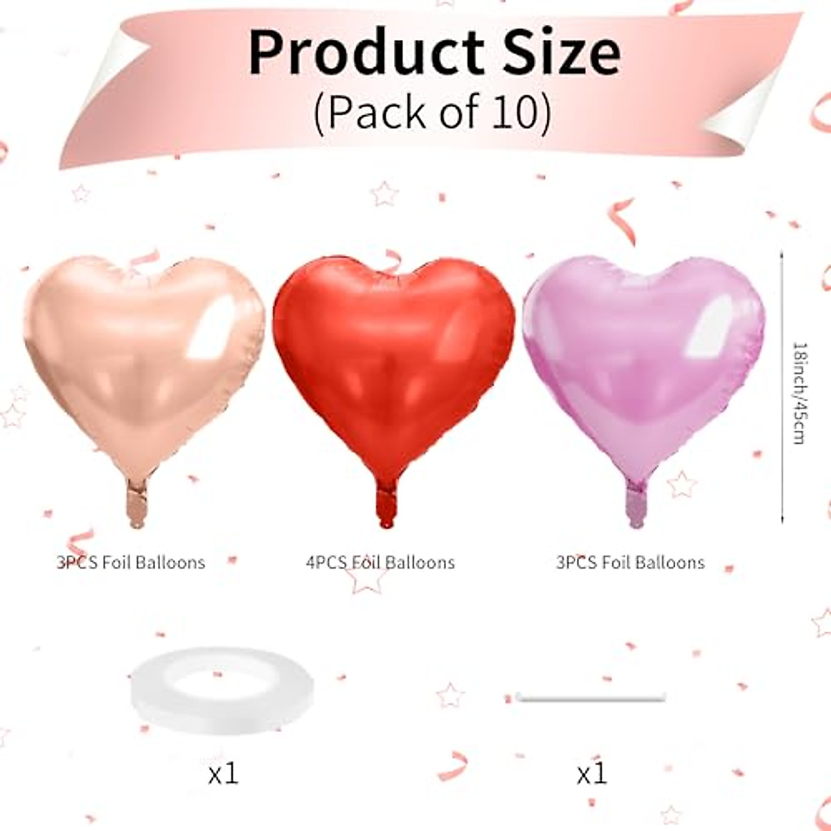 Rose Gold and Pink Heart Balloons, 18 Inch Red Pink Heart Shape Balloons Foil, 10 Pcs Red Light Pink Heart Balloon for Girls Women Valentines Day Birthday Wedding Baby Shower Bridal Party Decorations