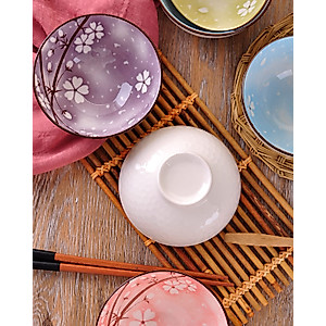 WHJY Cherry Bloom Chinese Japanese Ceramic Rice Bowl 10 oz, Sakura Bowl Gift Set, Serving Bowls Dinnerware Bowls for Rice, Cereal, Noodle, Soup, Desserts, Set of 6