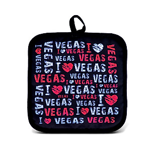 Puzzled Pot Holder & Oven Mitt Set I Love Vegas Kitchen Accessory Potholder Heat Resistant Non-Slip Grip Cooking Glove Machine Washable Baking Grilling BBQ Decorative Novelty Polyester Mitten Pink