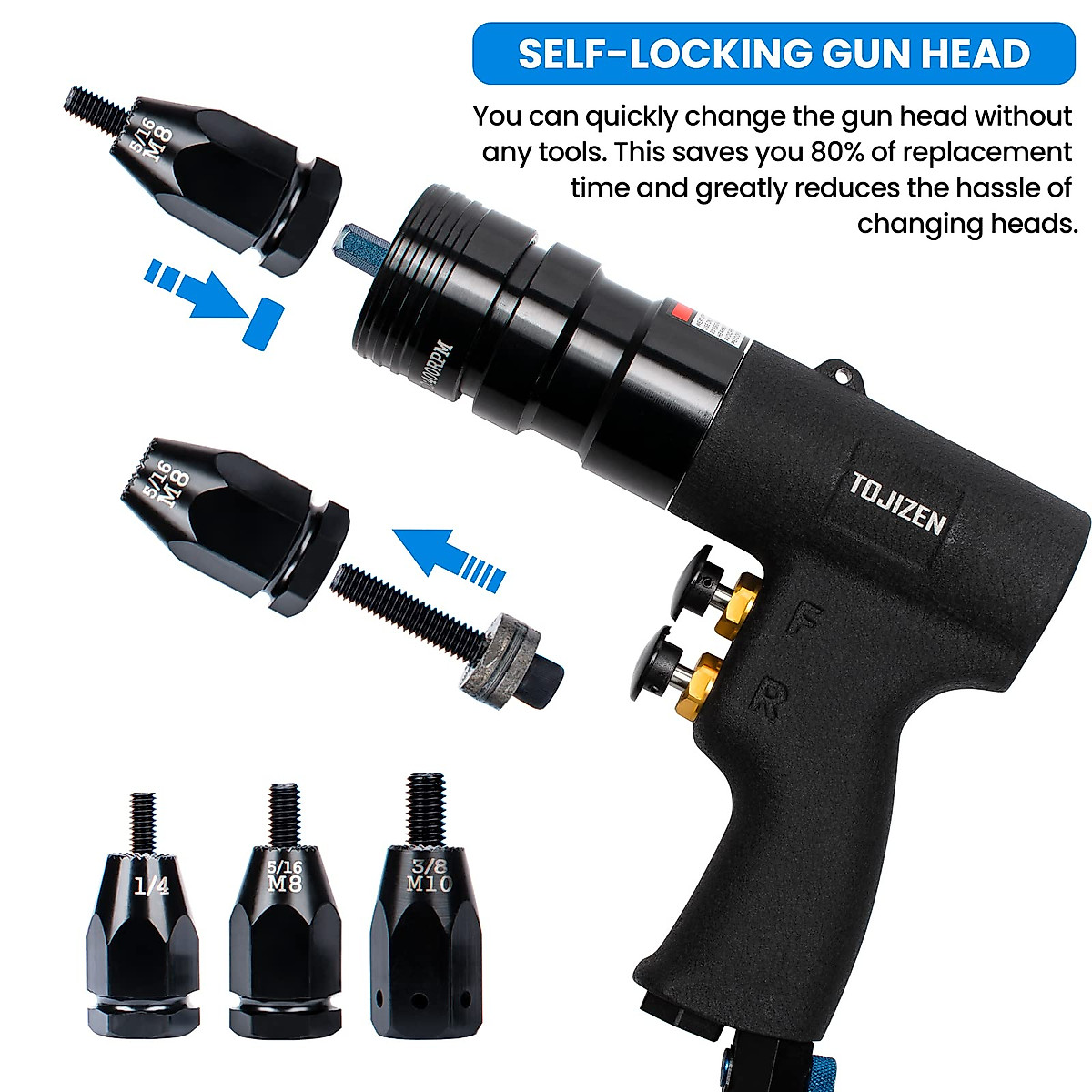 TOJIZEN Pneumatic Rivet Nut Gun Kit - 1/4, 5/16 & 3/8 inch Gun Heads - Air Powered Rivet Nut Tool Set for Rivnut, Threaded Insert, and More - Professional Air Riveter and Riv Nut Tool