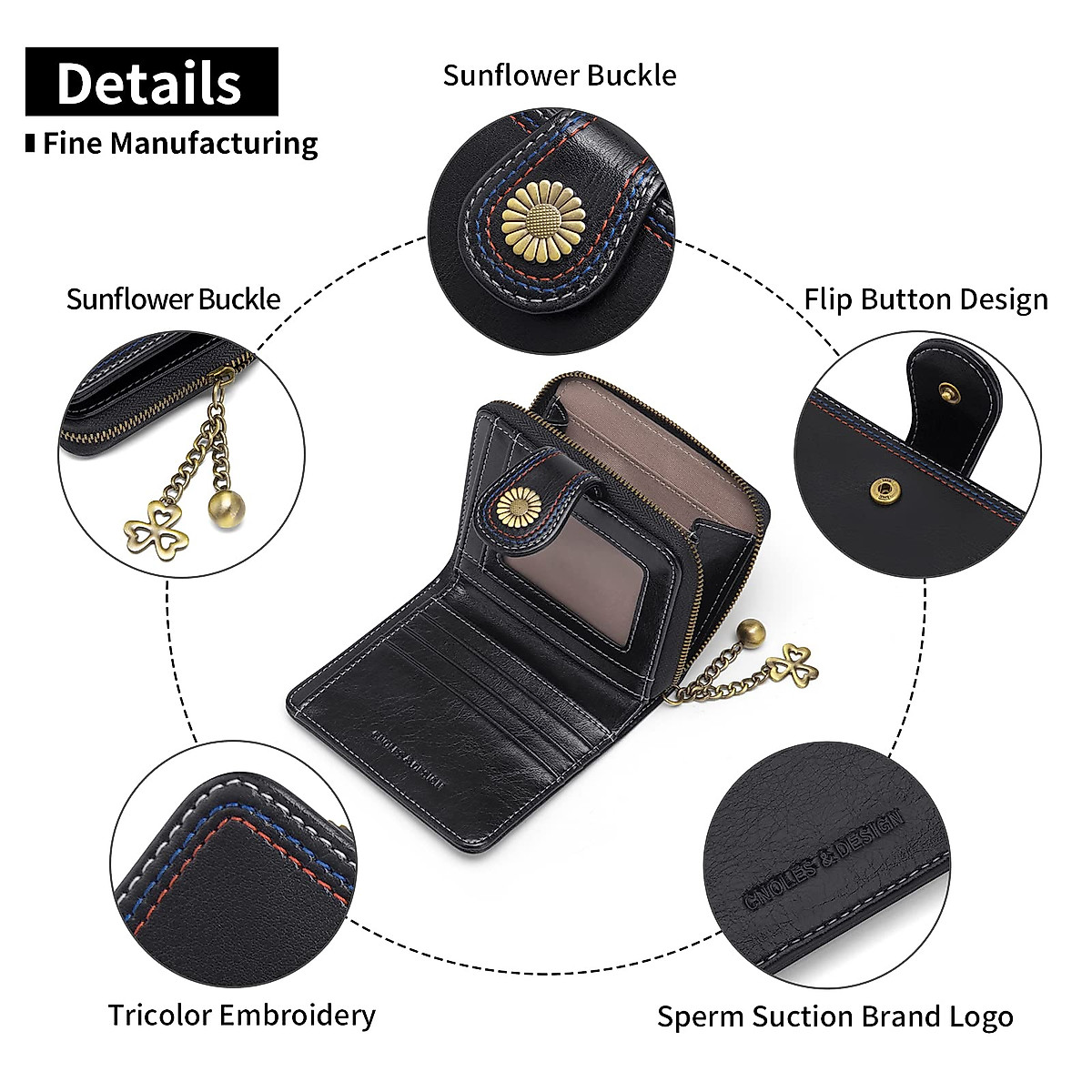 Cnoles Small Genuine Leather Wallets For Women Small Bifold Purse Zipper Pocket Wallet with ID Window Black