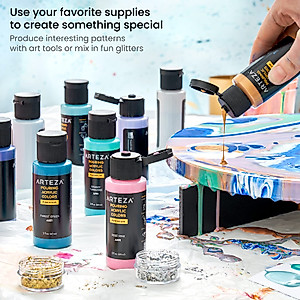 Arteza Acrylic Pouring Paint Kit, 14 Glossy Colors — 8 Pastel & Bright, 3 Iridescent, 3 Metallic, 2 x Stretched Canvas, 2 Wooden Slices, Glitter, and Paint Pouring Accessories, Multicolor,28 Piece Set