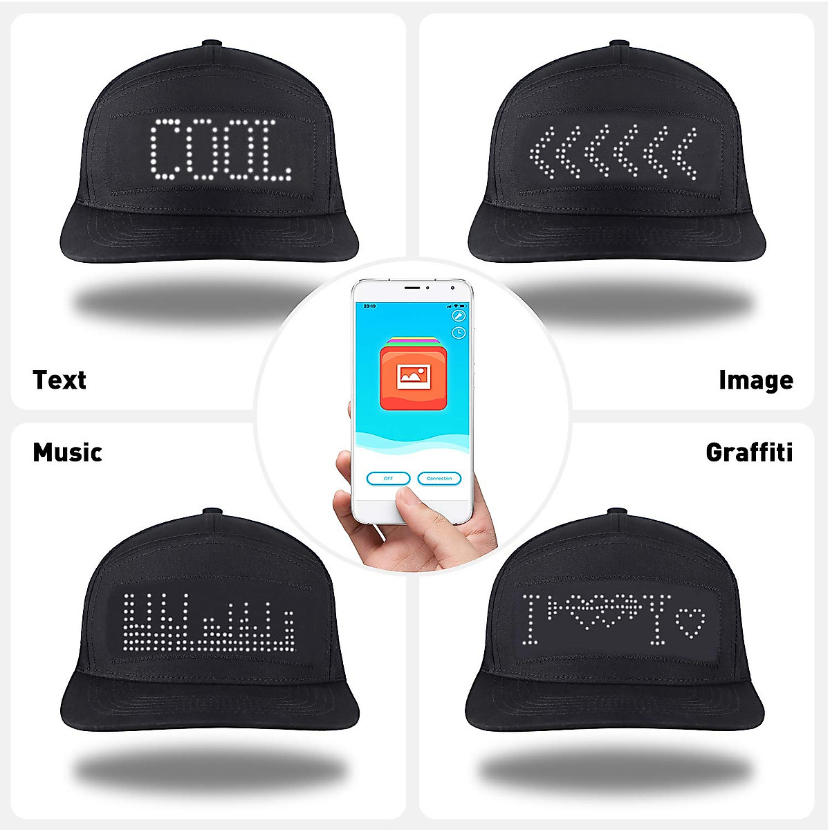 alavisxf xx LED Cap, Detachable LED Display Screen Smart Hat Adjustable Cool LED Baseball Cap for Party Christmas Halloween(Black)