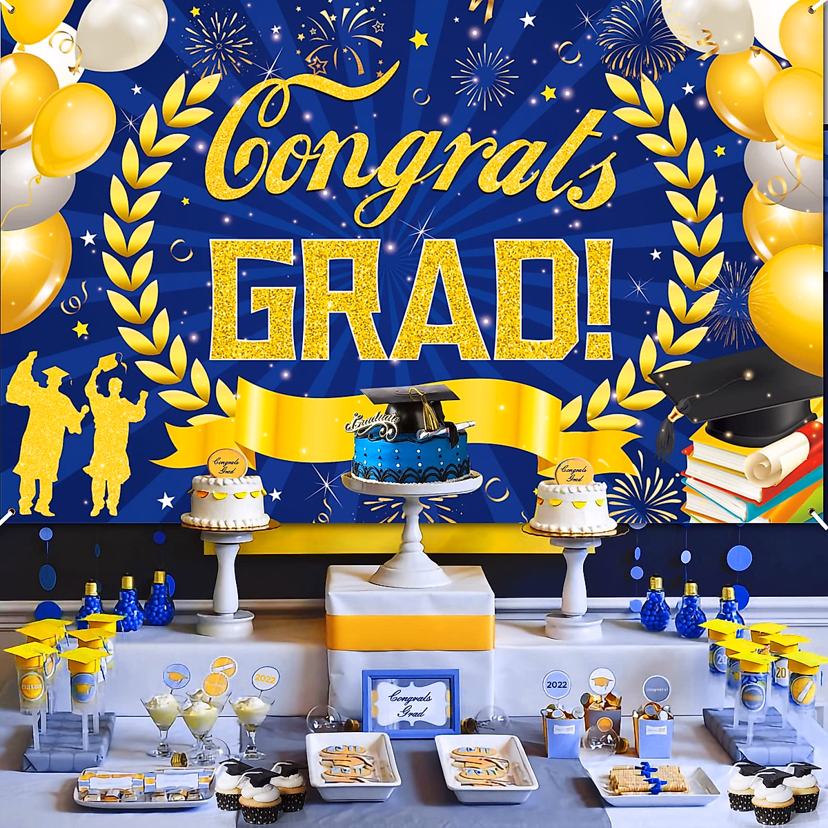 Navy Blue Congrats Grad Banner Decorations Class of 2023 Gold Blue Graduation Party Banner Supplies Photo Booth Wall Large Backdrop Decor for 2023 High School College Graduation Party Sign 72 x 44inch