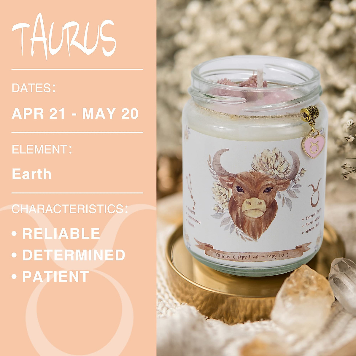 ZINCGE Taurus Gifts, Zodiac Crystal Candle, Birthday Candle Gifts for Women, Astrology Gifts for Mom Wife Sister, Gift for Her Pear and Freesia Scented Candle with Pink Crystals