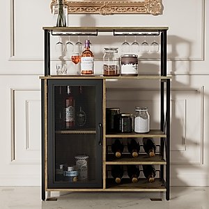 SunsGrove Wine Bar Cabinet with Removable Wine Rack, Coffee Bar Cabinet with Glass Holder, 3 Adjustable Open Shelves, Small Sideboard and Buffet Cabinet with Mesh Door, Wood Color