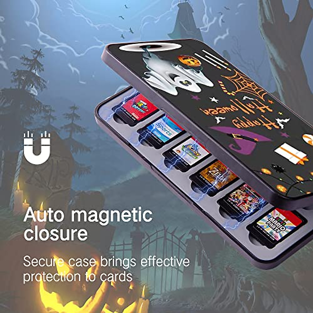 PERFECTSIGHT Cute Game Card Case for Nintendo Switch/Switch Lite/OLED, 24 Game Holder Cartridge Case for Game Cards and 24 SD Cards, Kawaii Portable Compact Storage Box (Halloween)