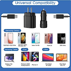 USB C Samsung Galaxy Fast Charger, Super Fast 25W Samsung Wall Charger Block with 2X Type C Cable+60W Dual Car Charger for Samsung Galaxy S23 Ultra/S23+/S23/S22 Ultra/S22+/S22/S21/S20/Note 20/Note 10+