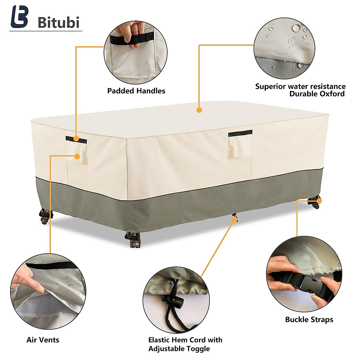 Bitubi 72 Inch Rectangular/Oval Patio Table Cover,Heavy Duty Waterproof Outdoor Table Cover Winter, Patio Furniture Covers, Beige