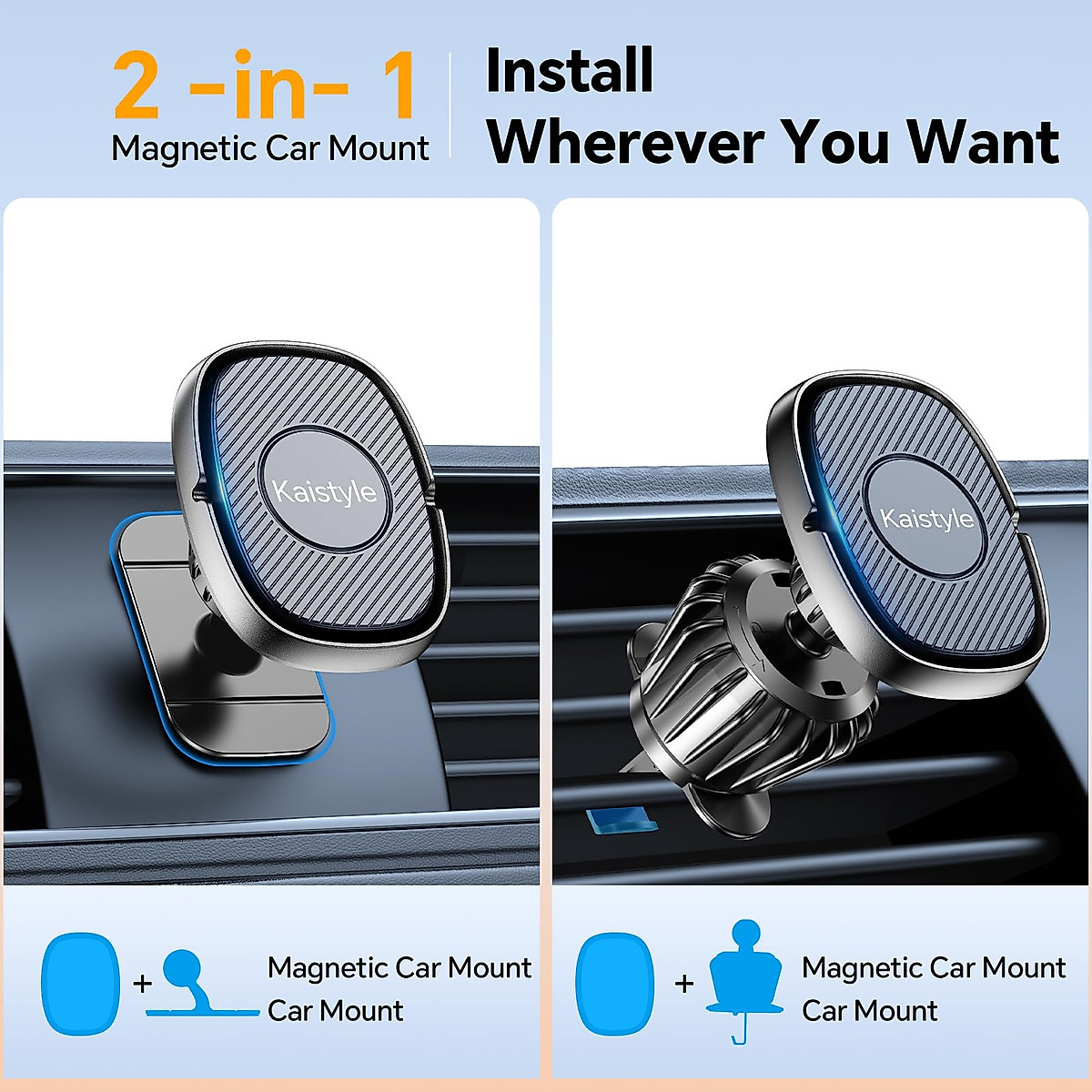 Kaistyle Magnetic Phone Holder for Car【Dash +Vent】 iPhone Magnetic car Mount for Cell Phone【Super Magnets】 Phone Holders for Your Car Magnetic Phone Mount Holder for All Smartphones & Tablet