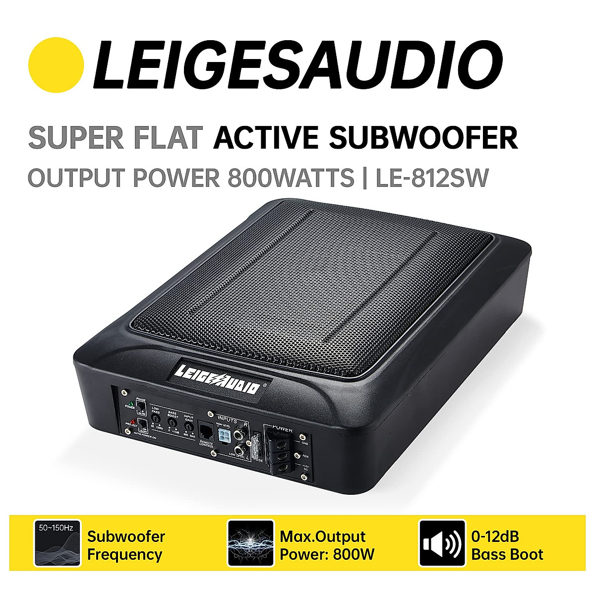 LEIGESAUDIO 800 Watt Compact Powered Subwoofer for Cars - 10" Slim Under-Seat Subwoofers, Remote Subwoofer Contorl for Vehicles Needing Bass with Limited Space, Bulit in Amplifier for Car Boat RV ATV