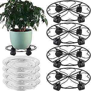 4 Packs Metal Plant Caddy with Wheels 12” Heavy-Duty Wrought Iron Rolling Plant Stands with Casters Indoor and Outdoor Plant Pot Roller Base Plant Movers Saucers with Wheels, Glossy Black