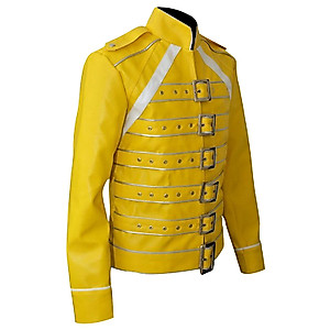 CHICAGO-FASHIONS Mens Freddie Concert Belted Motorcycle Yellow Faux Leather Mercury Costume, Freddie Mercury Jacket, Medium