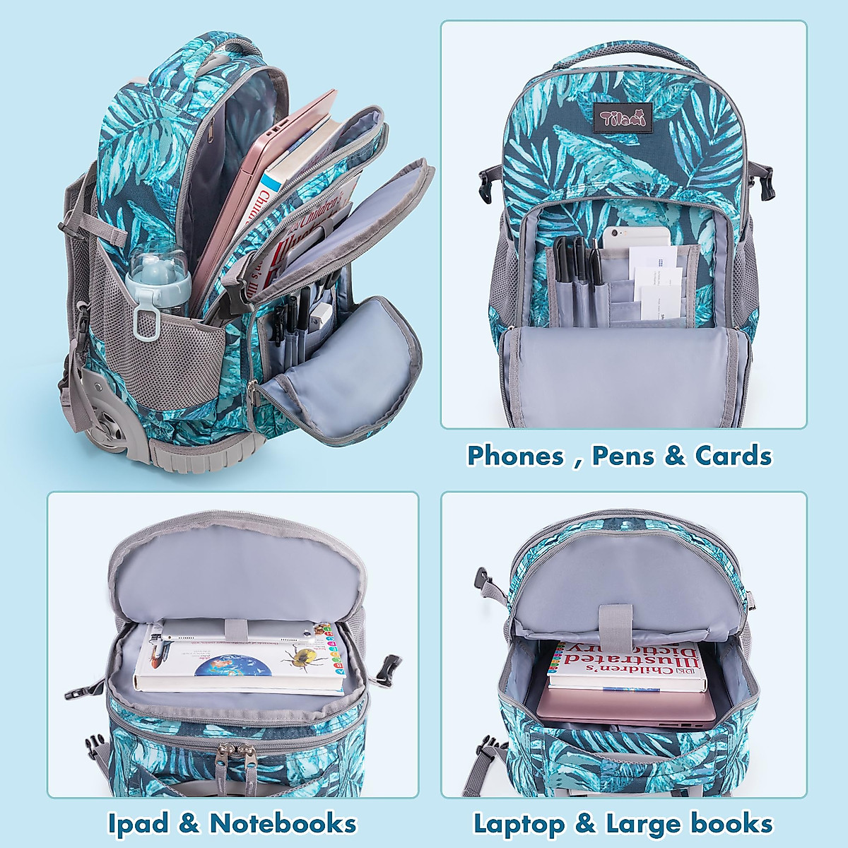 Tilami Rolling Backpack 19 inch Wheeled LAPTOP Boys Girls Travel School Student Trip, rainforest
