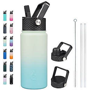 BJPKPK Insulated Water Bottles with Straw Lid, 18oz Stainless Steel Metal Water Bottle, Cold Hot Thermos with 3 Lids, Leak Proof BPA Free Travel Cup, Wide Mouth Flasks, Thermos -Mint