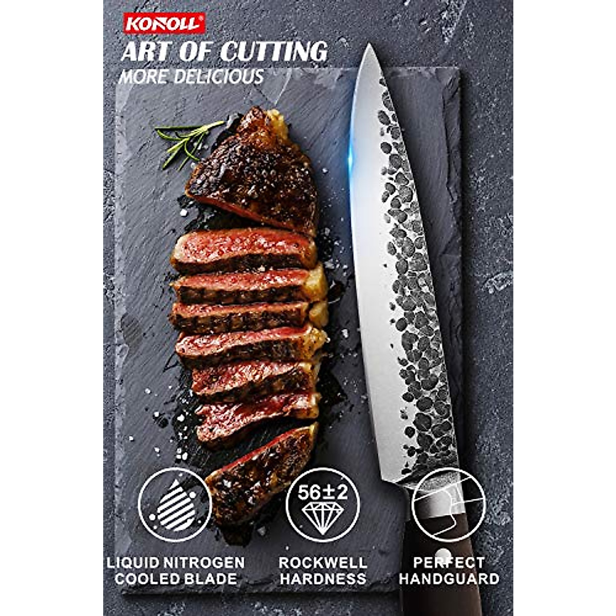 KONOLL Slicing Carving Knife 8 Inch Razor Sharp Sashimi Knife, Forged Hammered High Carbon Steel Kitchen Knife with wooden Handle