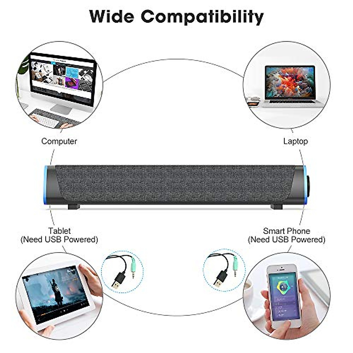 SOULION R30 Computer Speakers, USB Powered Small PC Speakers, Colorful RGB Lights with Switch Button, Surround Sound Portable Computer Sound Bar Speaker for Desktop Laptop