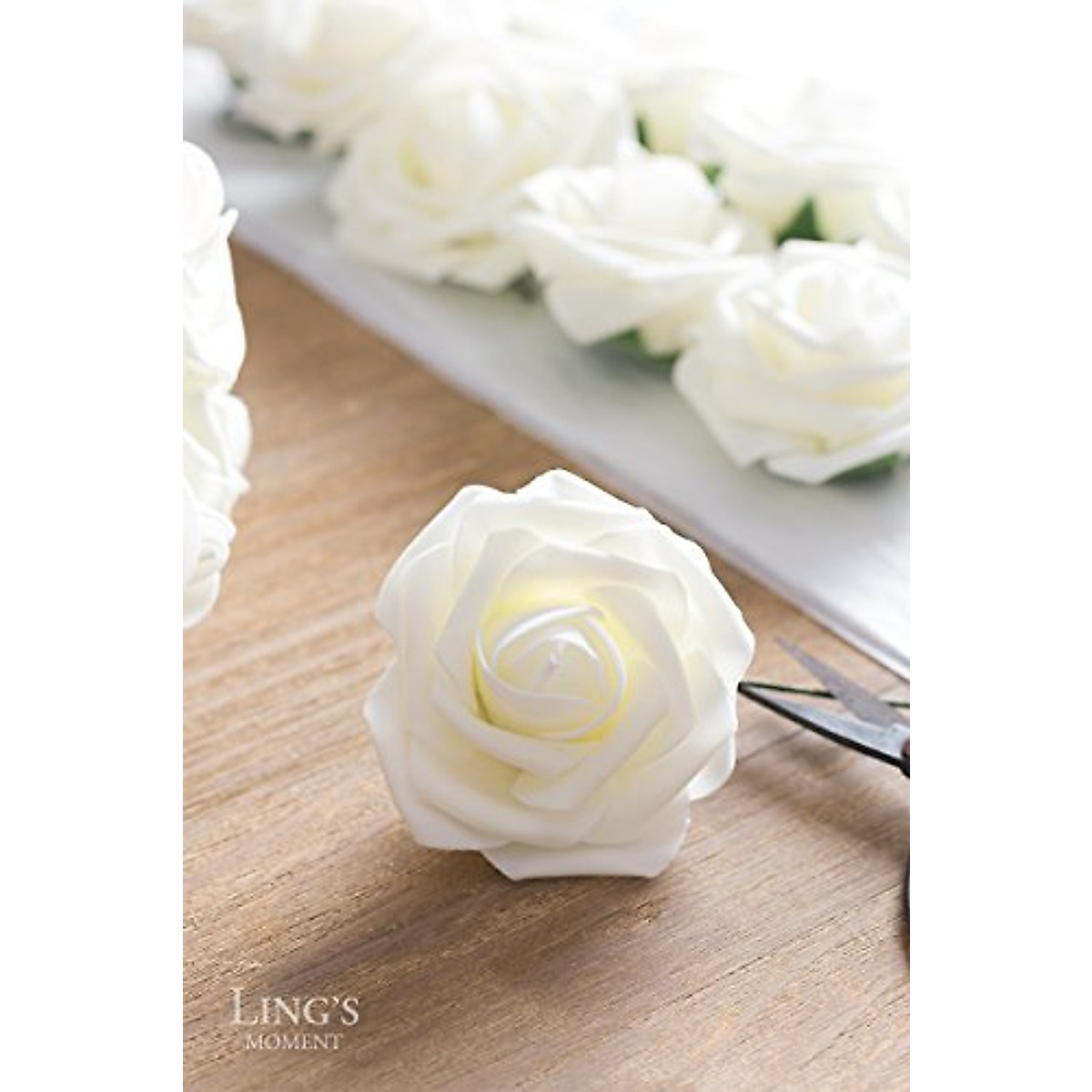 Ling's Moment Artificial Flowers Ivory Foam Fake Roses with Stems 25pcs for DIY Wedding Bridal Shower Centerpieces Tables Decorations Party