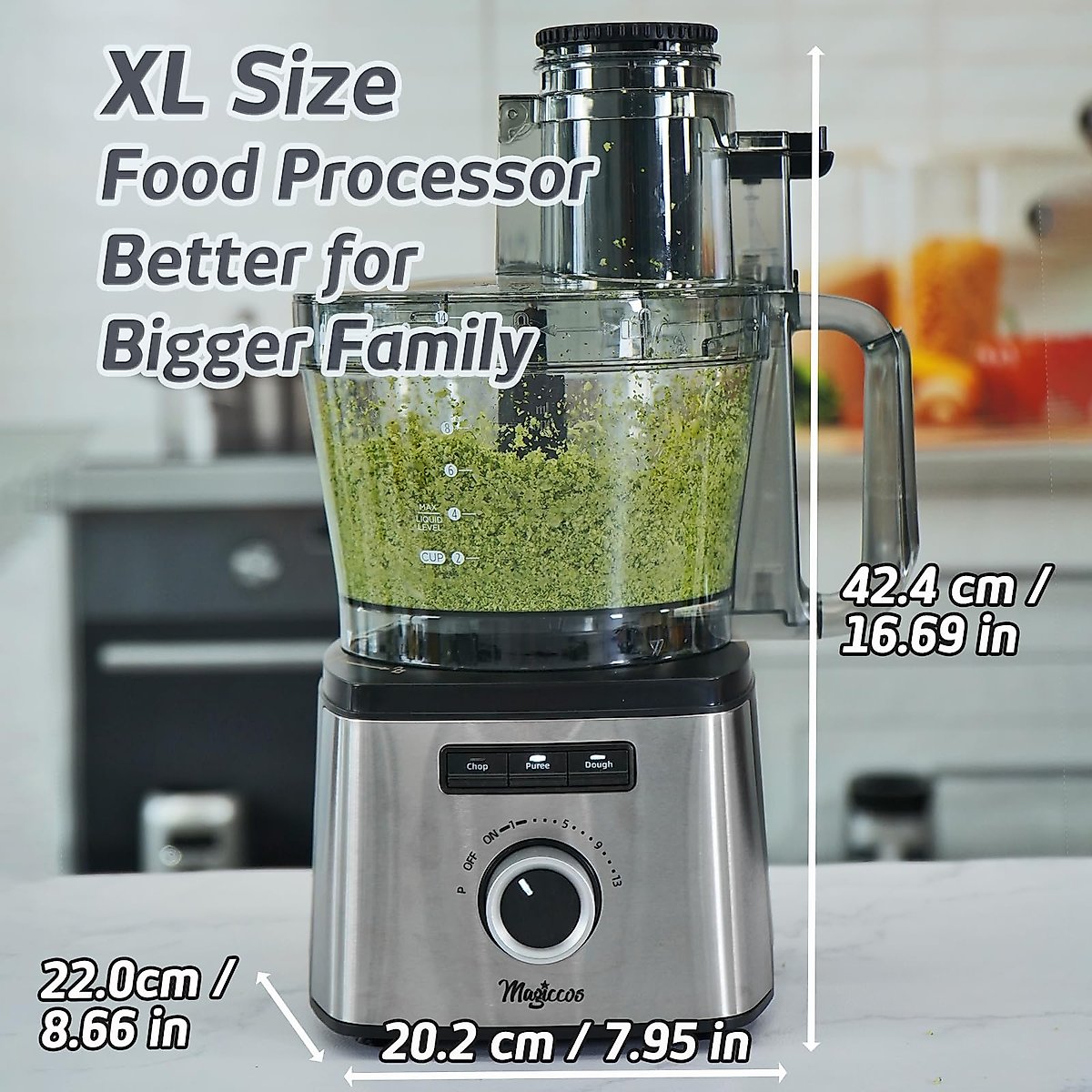 Magiccos 14-Cup Lemon Slicer Food-Processor - Large Feed Chute, 13 Speeds & Pulse, 3 Programs，Cheese Shredding, Cutting Fries, Meat Chopping, Shredding and Slicing, Mixing and Doughing, for Home Use