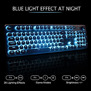 Alkem Mechanical Gaming Keyboard with 30 LED Backlits White Retro Typewriter Keyboard Full-Size 104 Keys USB Wired Retro Steampunk Keyboard Blue Switch Ergonomic Keyboard Metal Panel (Silver)