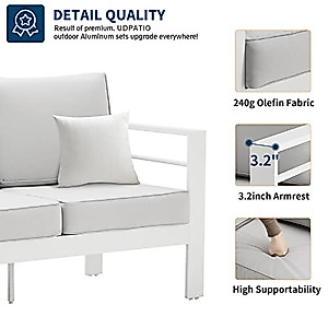 UDPATIO Oversized Aluminum Patio Furniture Set, Modern Metal Outdoor Patio Conversation Sets, Patio Sectional Sofa w/ 5 Inch Cushion Coffee Table for Poolside, Deck, White (Include 4 Sofa Covers)