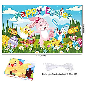 HOWAF Large Fabric Easter Party Decorations, Happy Easter Egg Bunny Hunt Banner and Chick Sign Easter Hunt Game Banner Poster for Photo Booth Backdrop with Rope for Spring Easter Party Supplies
