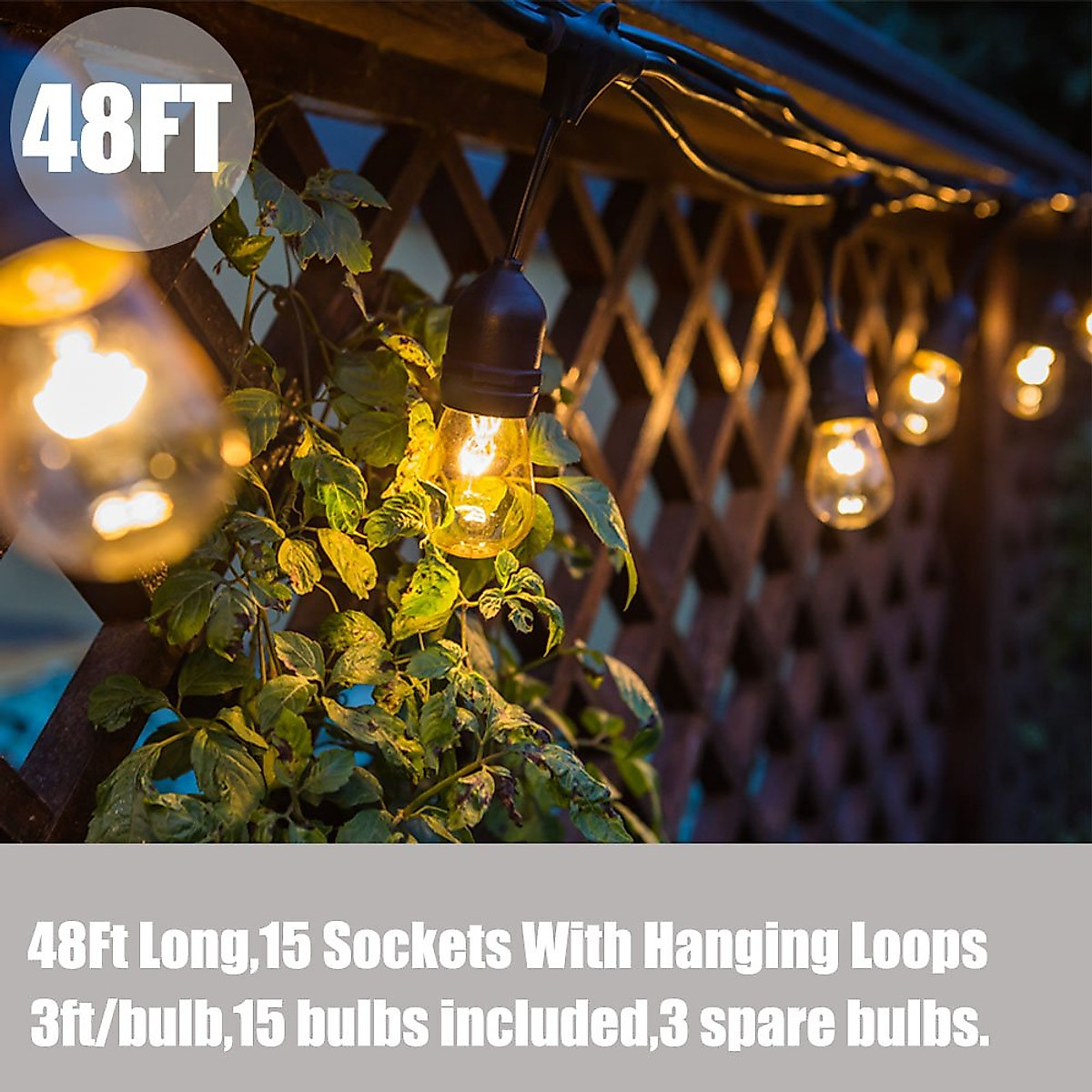 Outdoor String Lights 48 Feet Advanced Weatherproof Design Connectable String of Light,15 Heavy Duty Hanging Socket for Porch Patio Garden Backyard