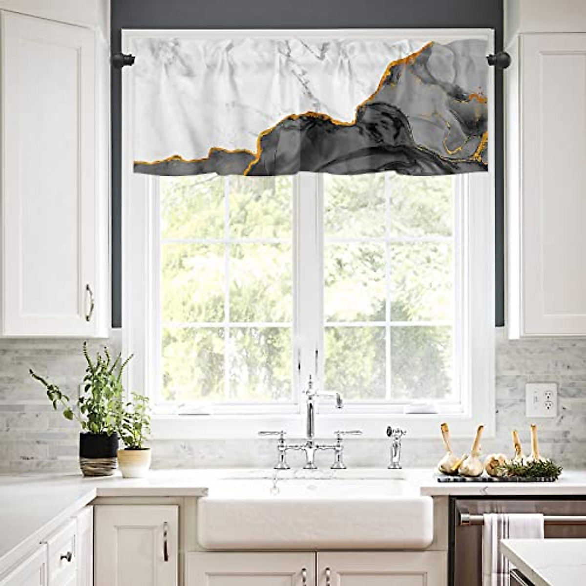 Curtain Valance for Kitchen,Wild Marble Pattern Gold Black Grey White Ombre Window Treatment Valance Curtains Rod Pocket Valances for Living Room,Dining Room,Bedroom,Kitchen Valance 60"x18"