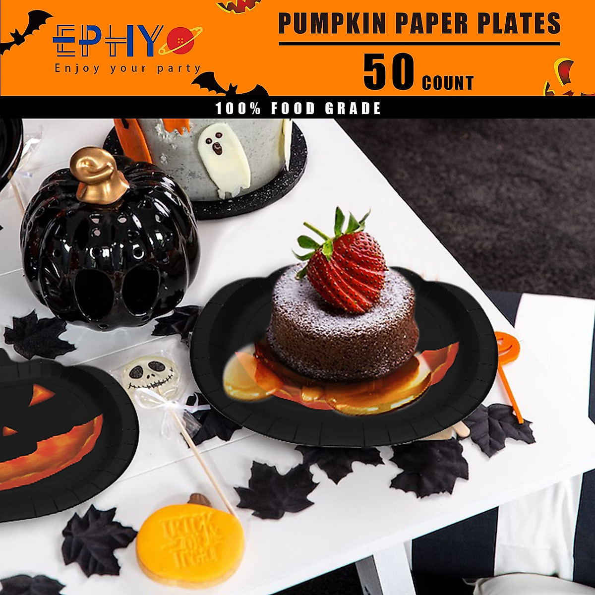 EPHYO 50Count Halloween Paper Plates 10.24 x 10in Disposable Party Supplies Black Pumpkin Dessert Dinner Birthday Party Decorations Cake Appetizer Cute Dinnerware Tableware for Kids