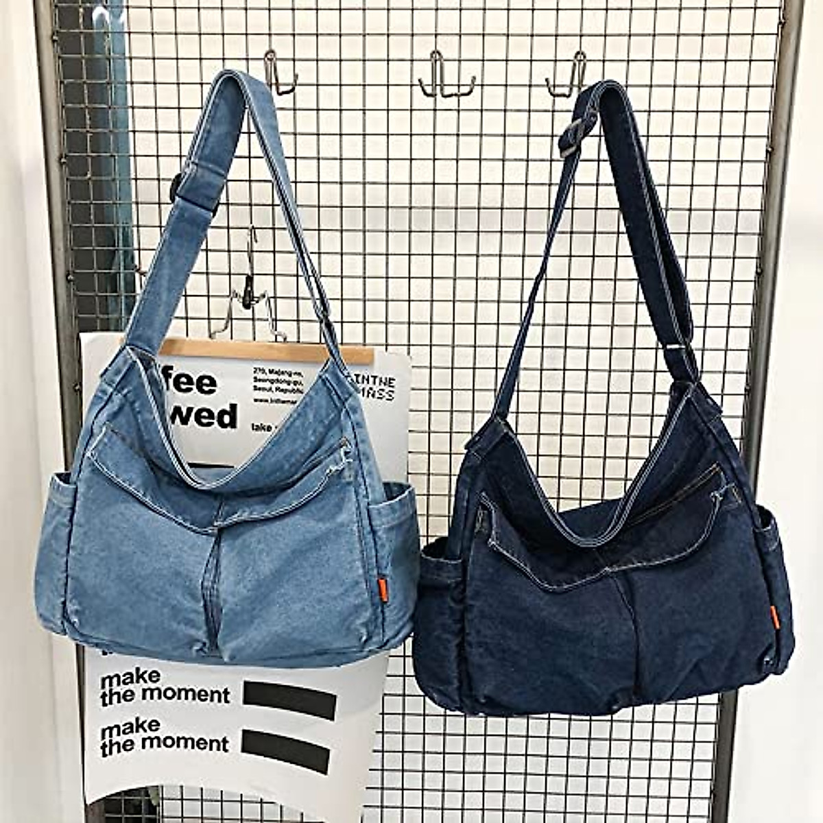 Nanwansu Denim Shoulder Bag Casual Style Canvas Bag Retro Travel Shopper Crossbody Handbag Hobo Tote Bag for Women Dark Blue