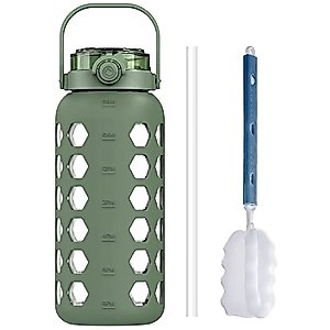 MUKOKO Half Gallon/64 oz Glass Water Bottles with Straw and Lid,Motivational Water Jug with Time Marker Reminder and Silicone Sleeve,100% Leakproof BPA Free Fitness Sports Large Bottle-Olive