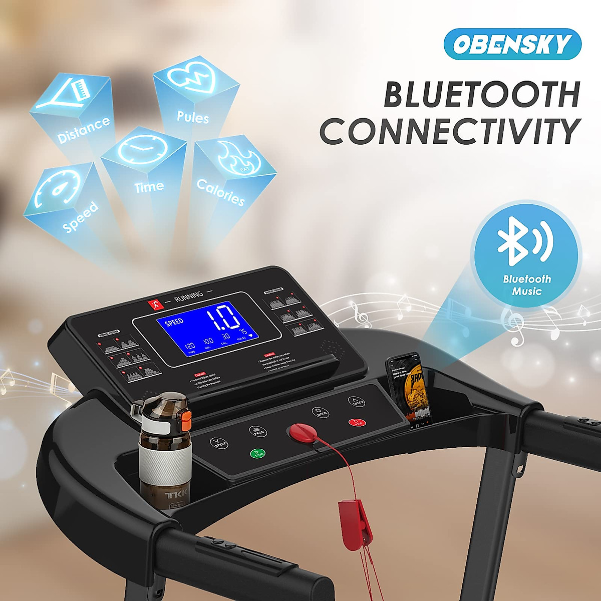 OBENSKY Electric Folding Treadmill with Incline, Exercise Walking Machince for Apartment Home/Office Jogging, Compact Foldable Treadmill,12 Preset Program