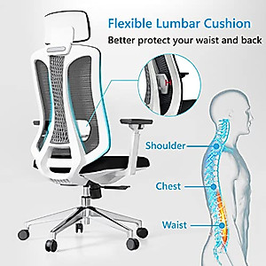 Logicfox Ergonomic Mesh Office Chair, Computer Desk Chair with 3D Armrests, Adjustable Lumbar Cushion and Adjustable Headrest, White High Back Home Office Chair with Tilt Function, Computer Chair