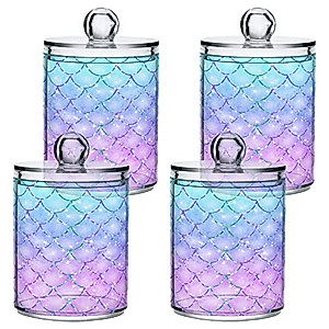 MNSRUU 2 Pack Qtip Holder Organizer Dispenser Pink Blue Mermaid Scales Bathroom Storage Canister Cotton Ball Holder Bathroom Containers for Cotton Swabs/Pads/Floss