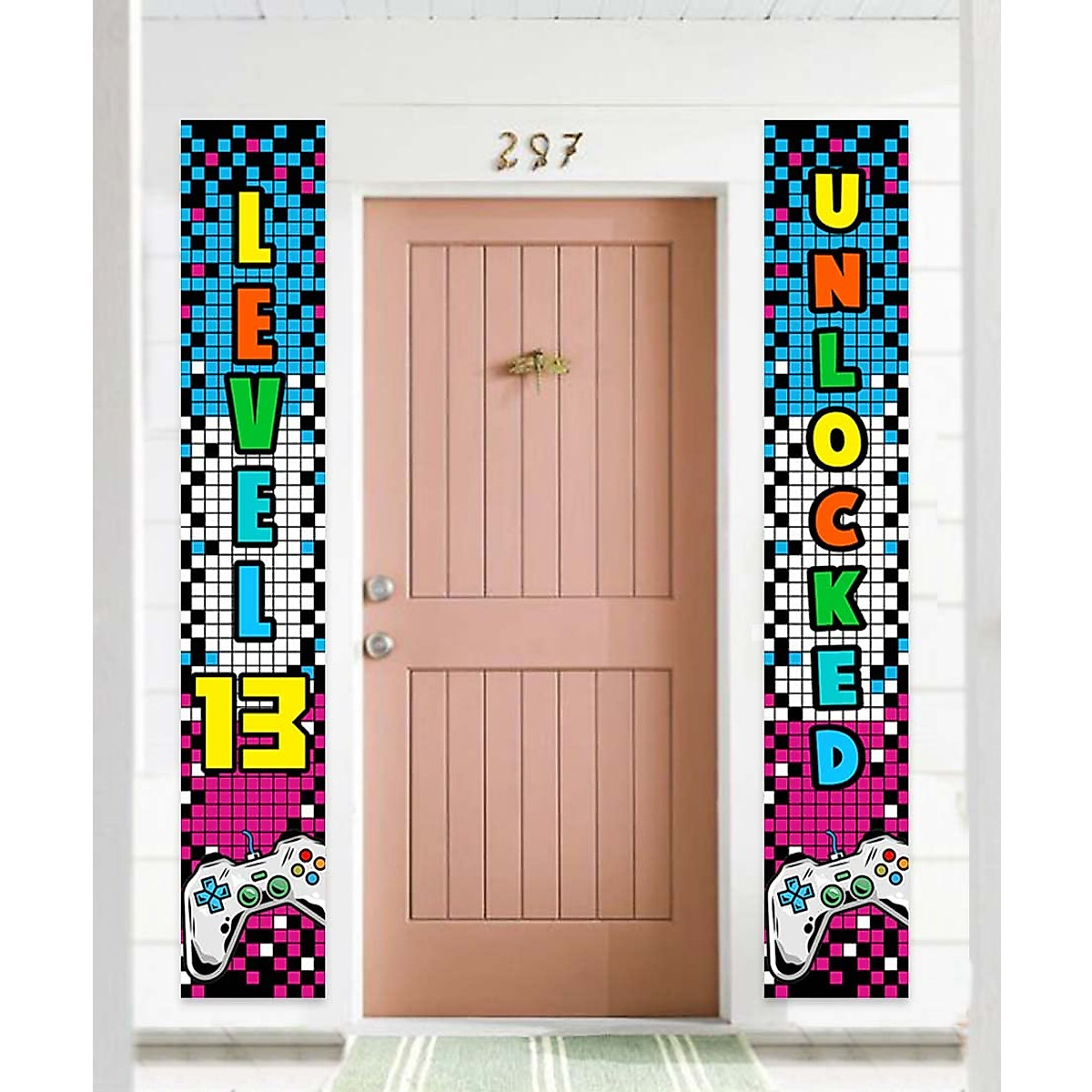 Level 13 Unlocked Happy 13th Birthday Level Up Banner Backdrop Background Photo Booth Props Video Game Game Controller Theme Decor for Door Porch Boys Girls 13th Birthday Party Supplies Decorations