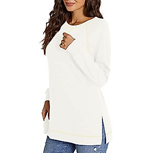 NILOUFO Womens Long Sleeve T Shirts Casual Blouses Trendy Tops Side Split Tunics(White, Large)
