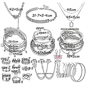 17IF 37 Pcs 14K Silver Plated Jewelry Set for Women 14 Rings 4 Necklace 14 Bracelet and 5 Pair Earring, Indie Stackable Accessories Adjustable Jewerly Pack for Teenage Girl Friendship Gift