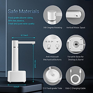Desktop Water Dispenser for 5 Gallon Bottle. High Spout and Rotating Arm for Any Size Containers. 3 Volume Setting,Desktop and Barrel Use,USB-C Charge. Automatic Water Pump for Home,Outdoor.(White)