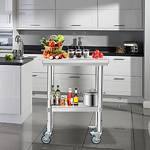 SGOLAN Stainless Steel Table with Wheels,24×12×32 Incn prep Table with 4 Casters,Heavy Duty Food Prep Worktable for Commercial Kitchen Restaurant Business