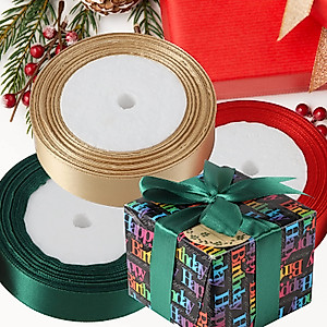 3 Rolls 75 Yard Christmas Satin Ribbon, 1 Inch Wide Gift Wrapping Ribbon Double Faced Polyester Ribbon Rolls Solid Satin Ribbon for Christmas Wedding Party DIY Craft Making (Red, Green, Gold)