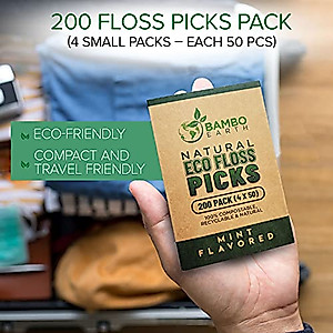 Natural Dental Floss Picks - Eco Friendly Cruelty Free & Vegan Tooth Flossers Pick Set with Biodegradable and Compostable BPA Free Handle & Zero Waste Packaging - 200 Pack (Mint Flavored)
