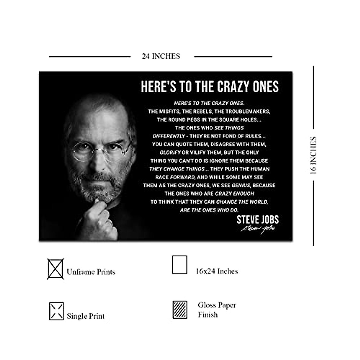 Picofyou 16x24 Here's To The Crazy One's Poster Large; Motivational Quote Posters; Jobs Inspirational Entrepreneurial Wall Art Print Home Office Decor - Encouraging Gift for Boss (Unframed)