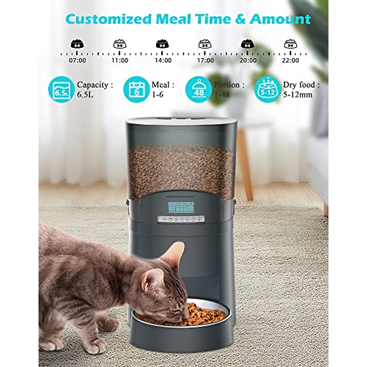 Automatic Cat Feeder, HoneyGuaridan 6.5L Pet Feeder for Cats and Dogs Dry Food Dispenser with Desiccant Bag, Stainless Steel Bowl, 6 Meals Portion Control, Dual Power Supply &10s Voice Recorder