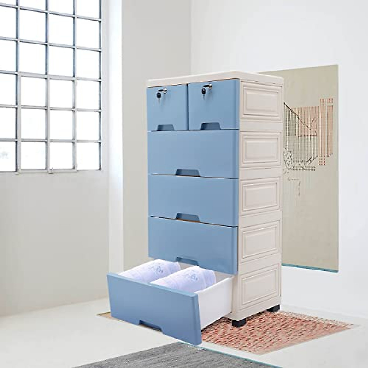 WDZCZDoo Plastic Drawers Dresser, Storage Cabinet with 6 Drawers, Closet Drawers Tall Dresser Organizer, Vertical Clothes Storage Tower for Clothes, Toys, Playroom, Bedroom Furniture (Blue)