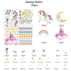Glow in The Dark Stars and Unicorn Wall Decals, Glowing Castle Moon and Rainbow Stickers, 174 pcs Luminous Ceiling Decor for Kids Bedroom, Great Wall Decor for Girls and Boys Gift