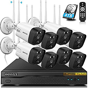 (5.5MP & PIR Detection) 2-Way Audio, Dual Antennas Security Wireless Camera System 3K 5.0MP 1944P Wireless Surveillance Monitor NVR Kits with 4TB Hard Drive, 8Pcs Outdoor WiFi Security Cameras